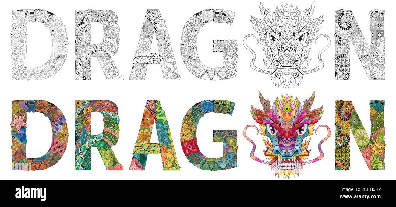 Word DRAGON with dragon head. Vector zentangle object for decoration ...