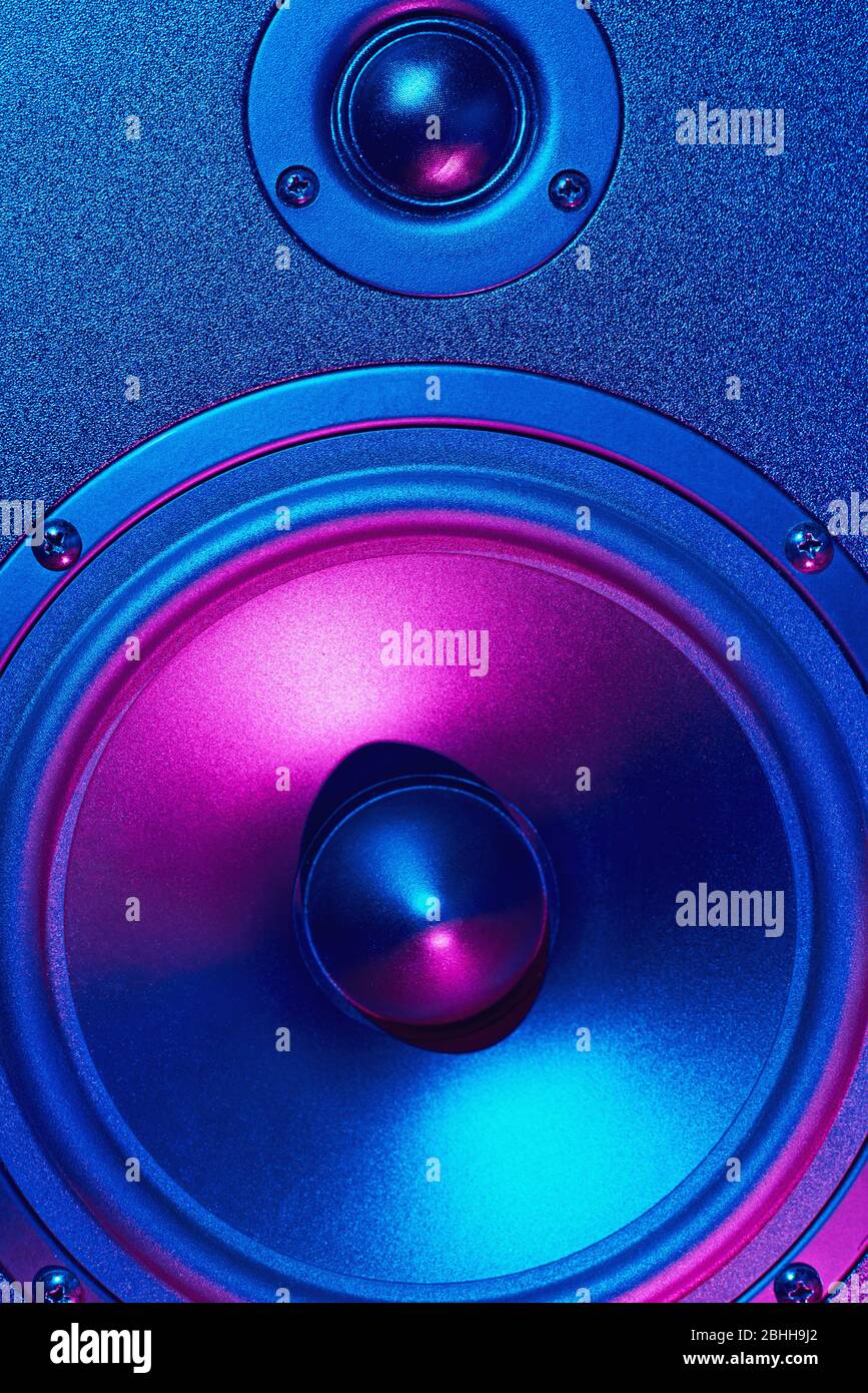 Sound audio speaker with neon lights. Dynamic monitor closeup. Creative ...