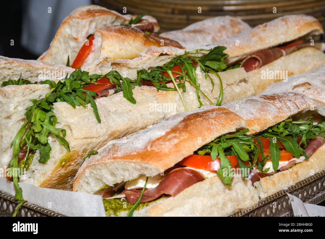 Sandwiches display during fast food festival outdoor event. Outside ...