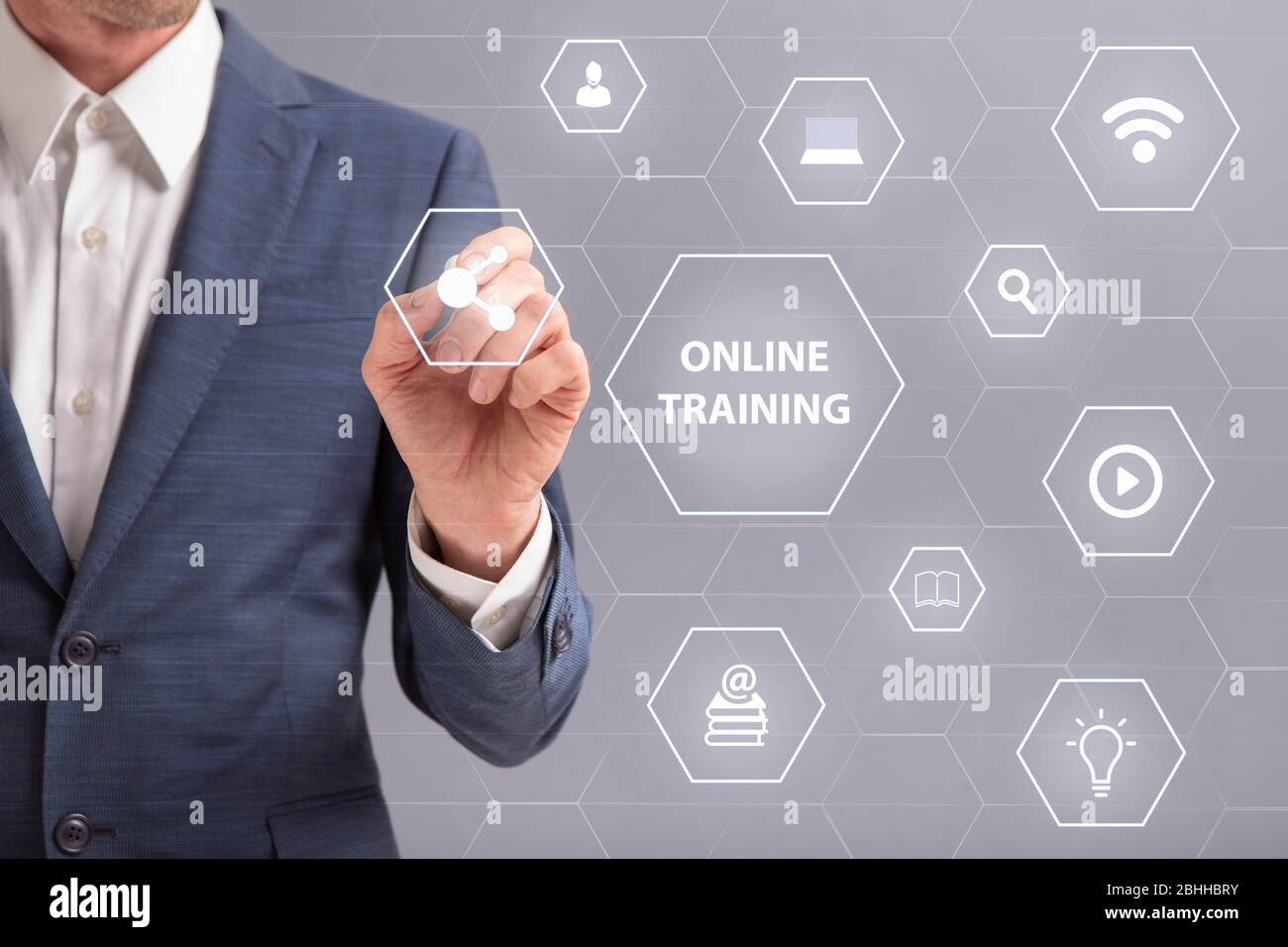 Collage with words ONLINE TRAINING, e learning pictograms and ...