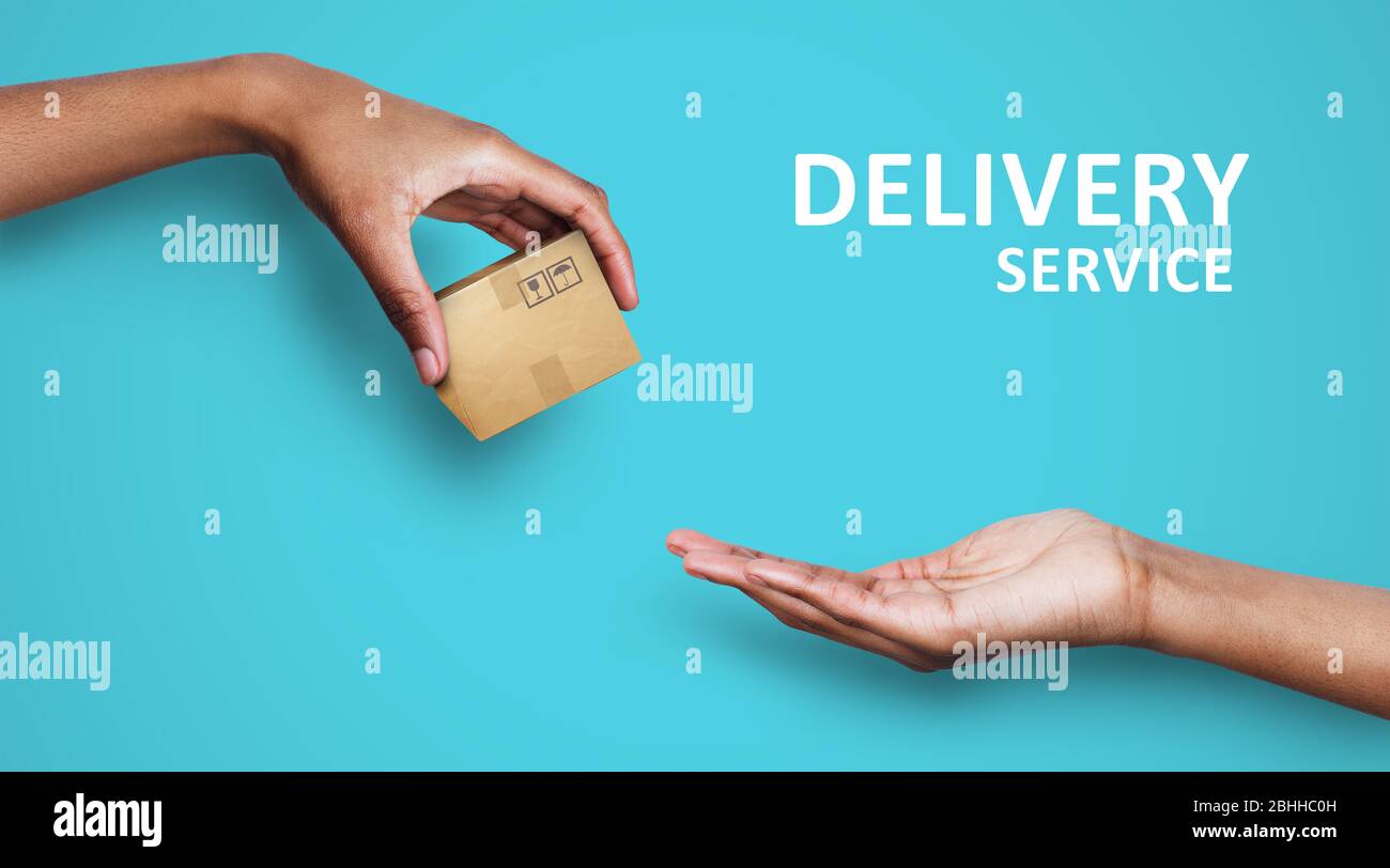 Collage with words DELIVERY SERVICE and courier giving package to ...