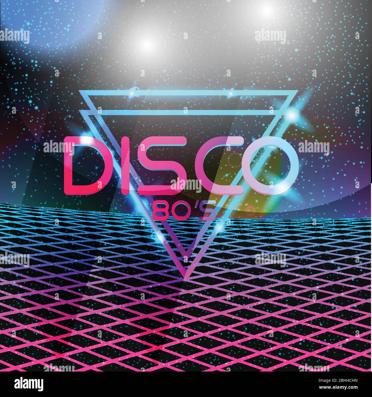 Retro style 80s disco design neon. Landscape with grid of 80s styled ...