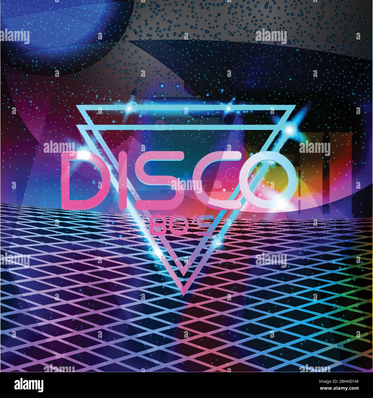 Retro style 80s disco design neon. Landscape with grid of 80s styled ...