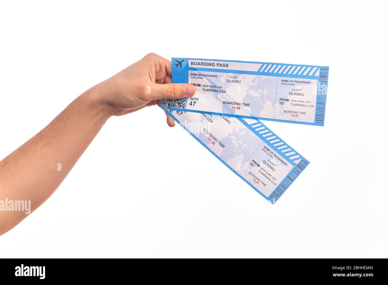 Hand of caucasian young tourist man holding airplane boarding pass over ...