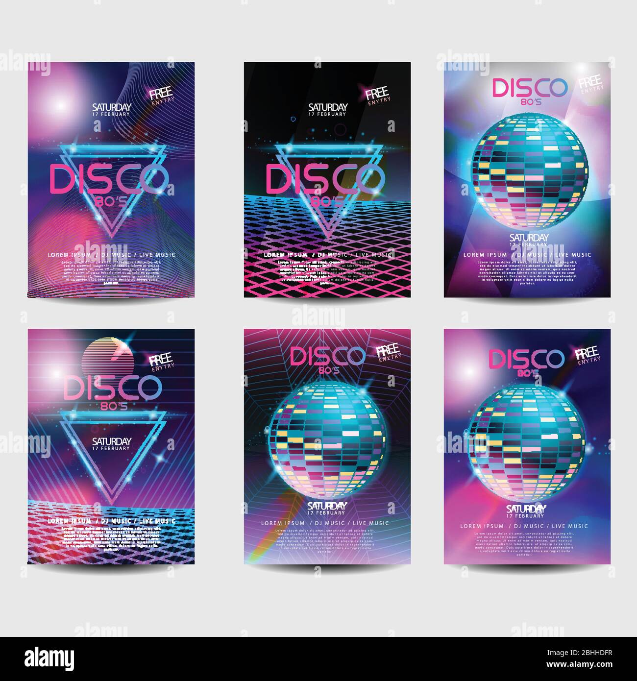 Retro poster style 80s disco design neon. Landscape with grid of 80s ...