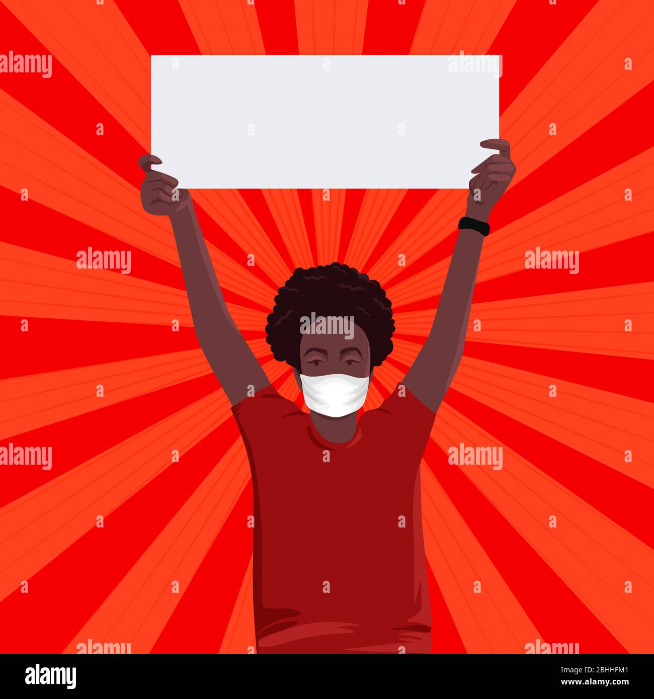 Angry riot woman on red retro background. Protesting woman in medical ...