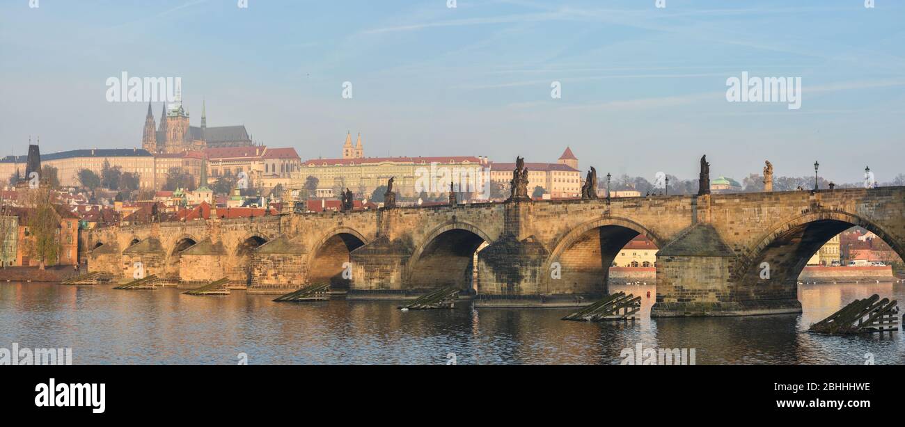 Panorama of the Charles Bridge in Prague. The most famous bridge across ...