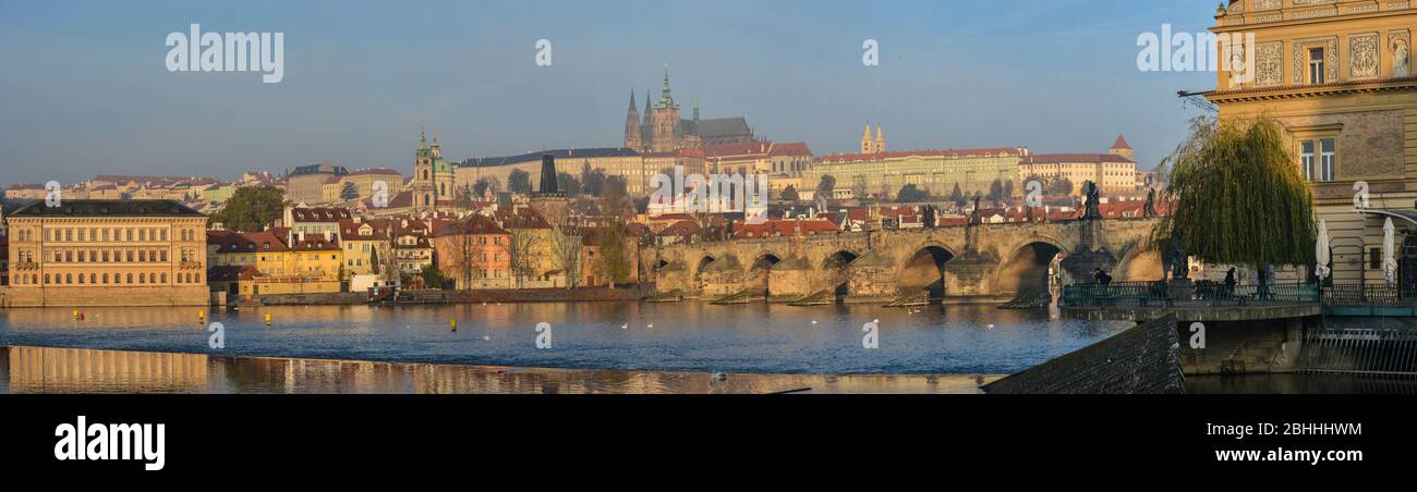 Panorama of the Charles Bridge in Prague. The most famous bridge across ...