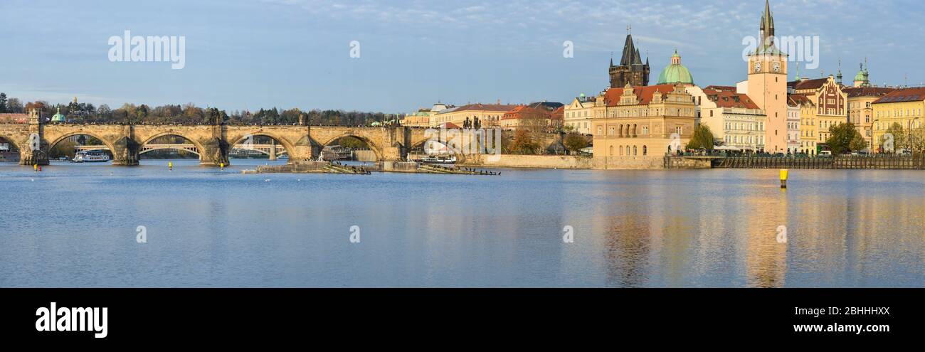 Panorama of the Charles Bridge in Prague. The most famous bridge across ...