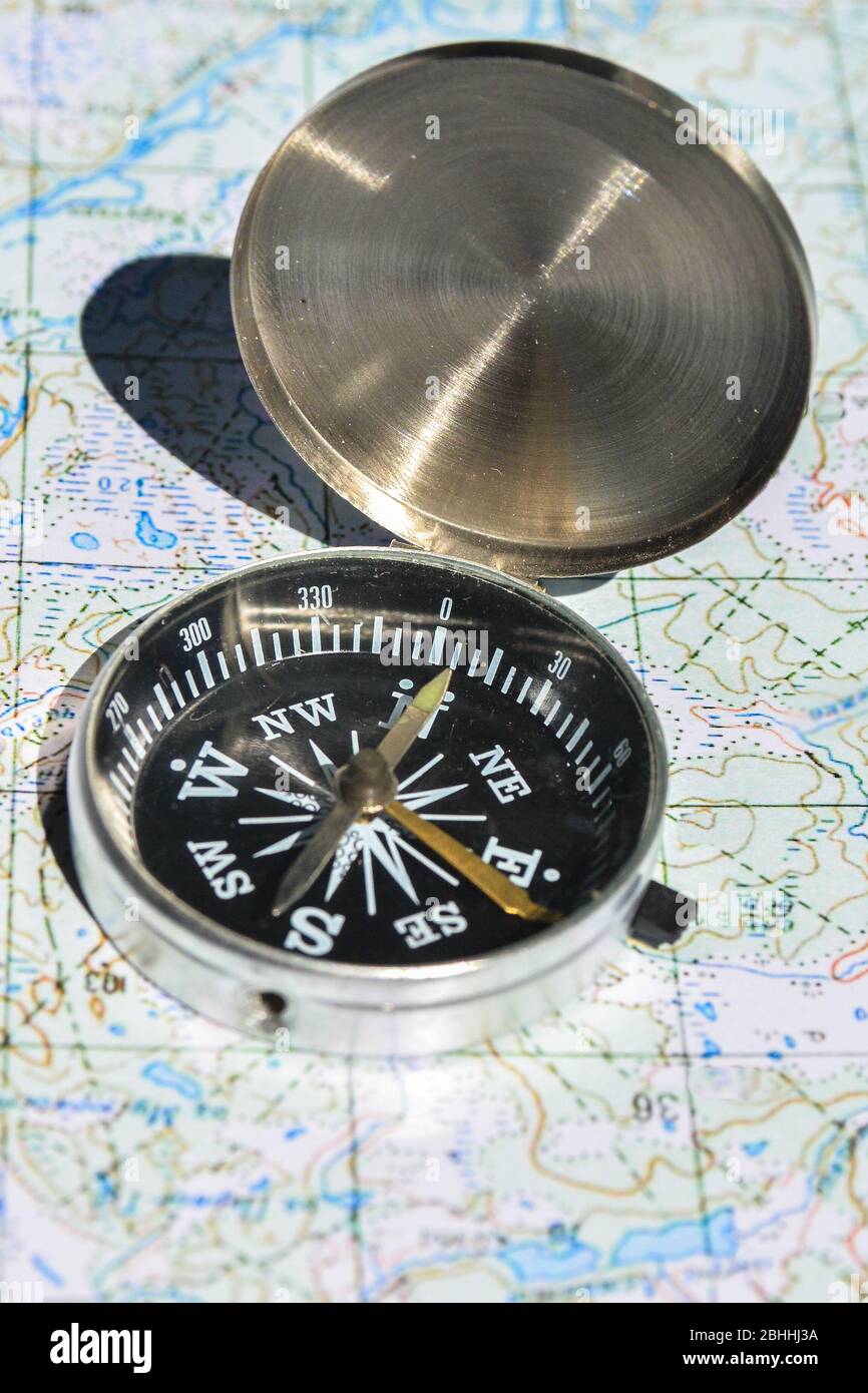 Map and compass. Navigation tools, so as not to get lost in travel ...