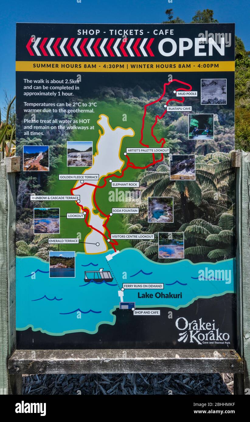 Information sign and map at Orakei Korako Thermal Park, Taupo Volcanic ...