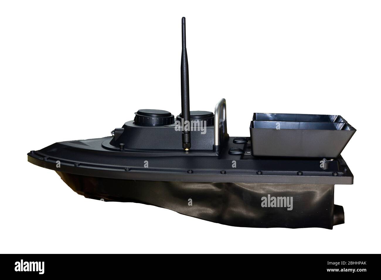 black radio-controlled vessel for delivering bait to a wooden pier ...