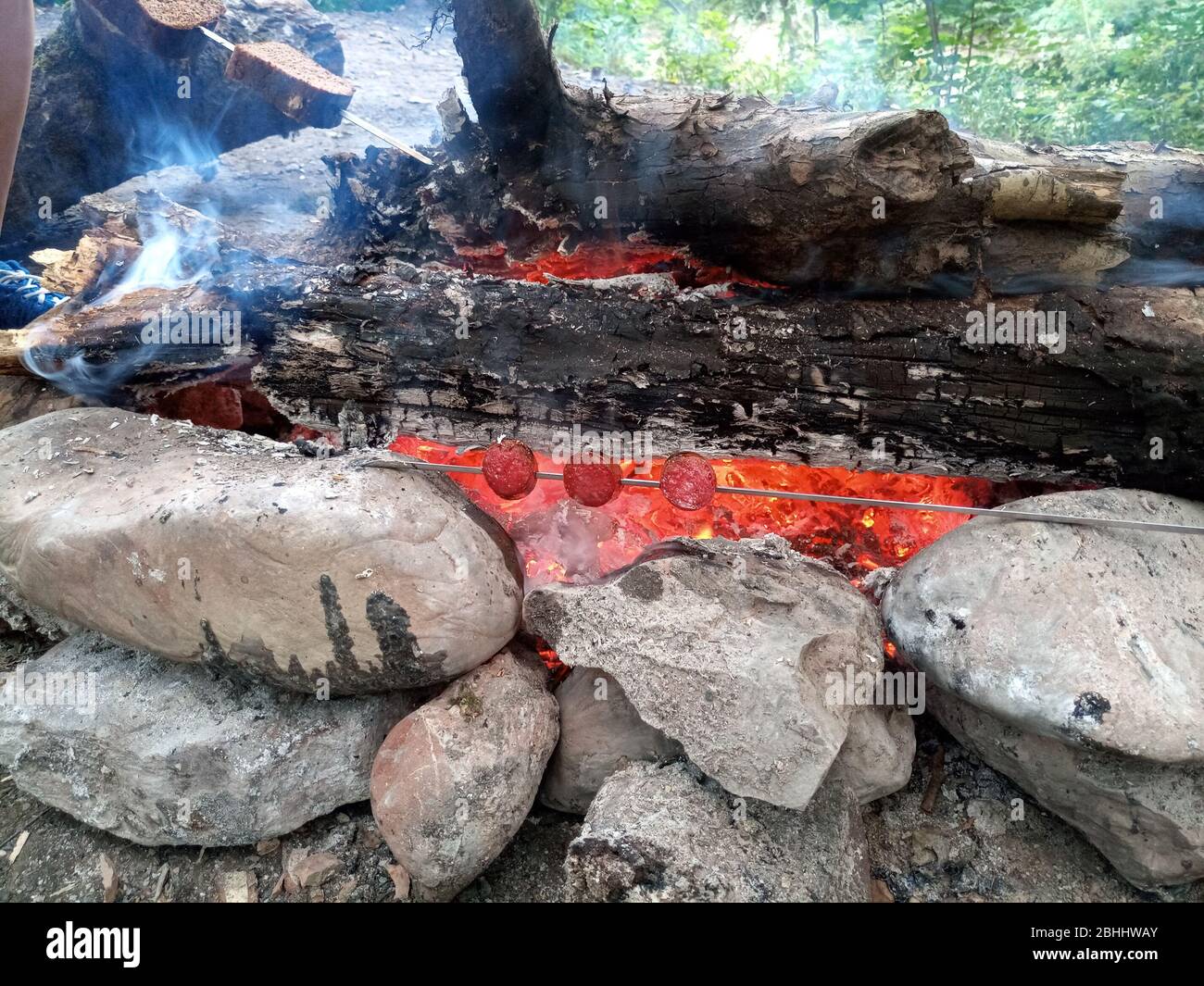 Frying slices of sausages on a bonfire on a skewer Stock Photo - Alamy