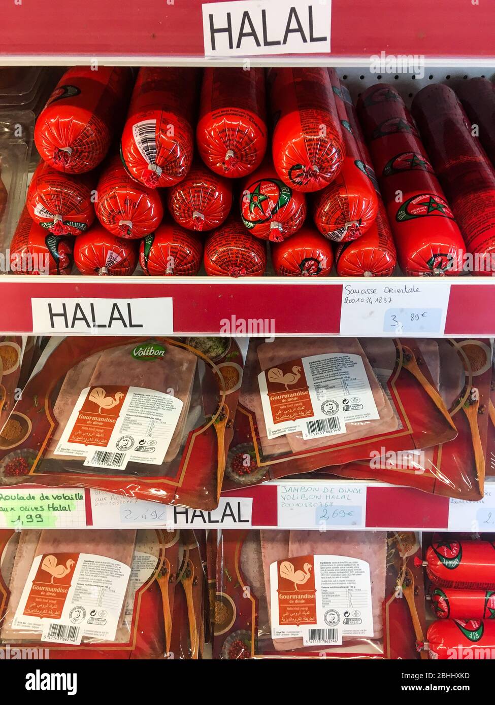Halal prepared meat products exoposed in a supermarket, Bron, France ...
