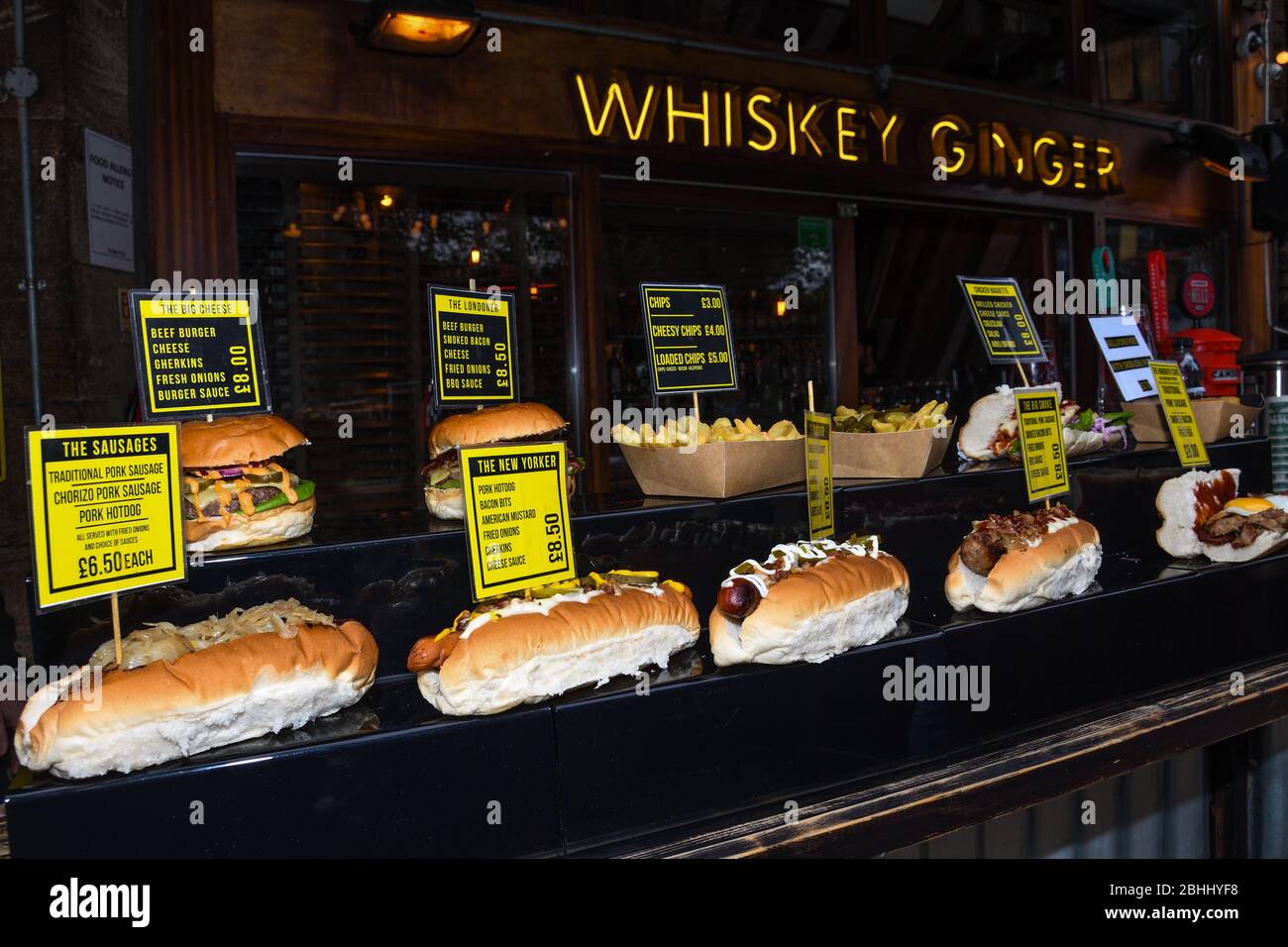 Sandwiches display during fast food festival outdoor event. Outside ...