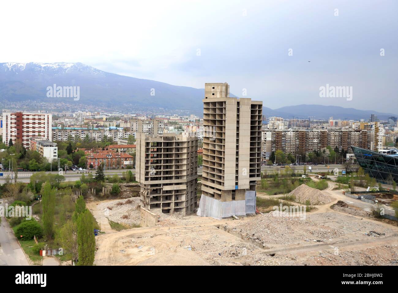 Unfinished and abandoned empty high building, printing press house IPK ...