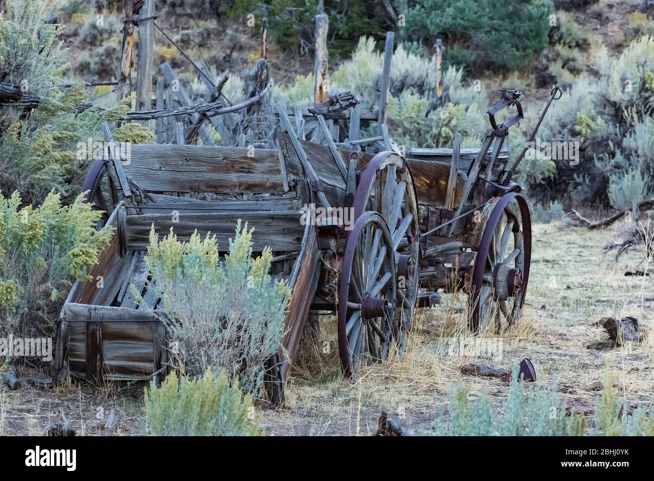 Old wagon abandoned in the old silver and cinnabar mining ghost town of ...