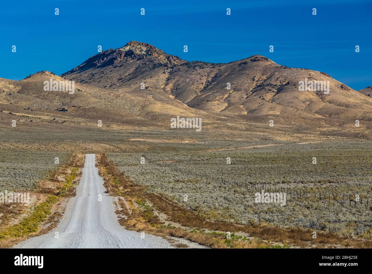 Gravel road leading to ranchland and mountains in central Nevada, USA ...