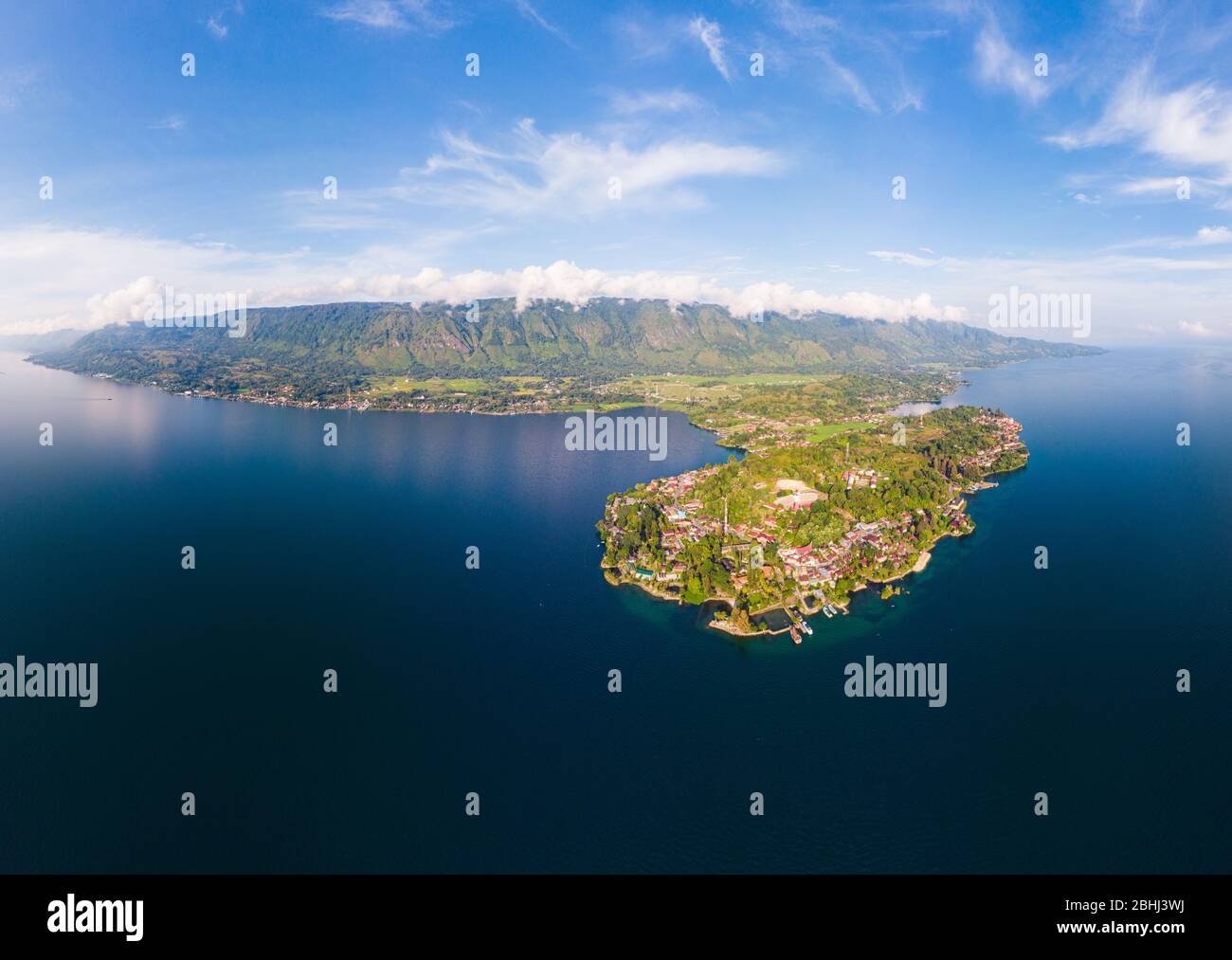 Aerial: lake Toba and Samosir Island view from above Sumatra Indonesia ...