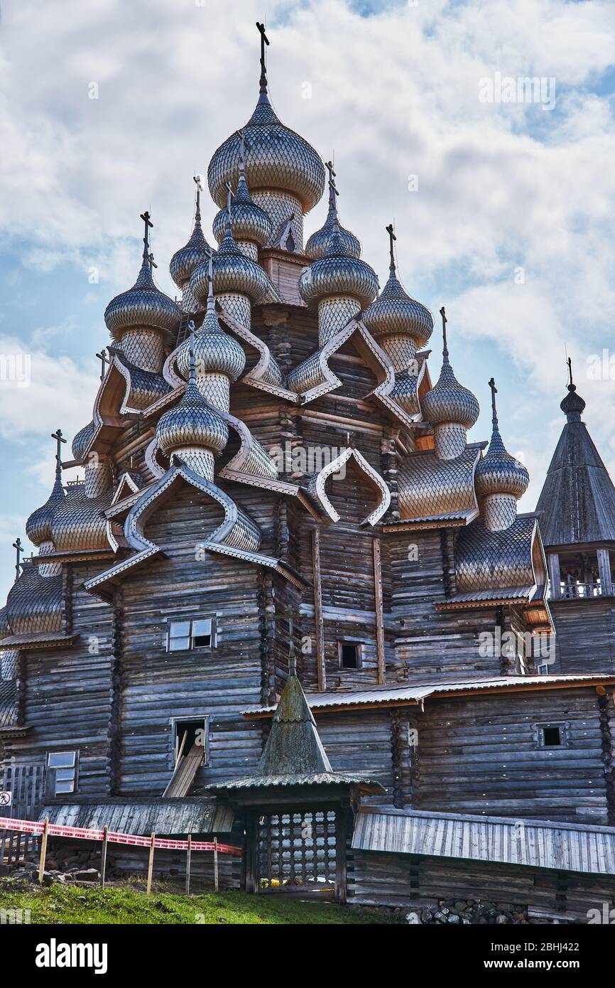 Landscape of central Russia with a vintage church. Sample of wooden ...
