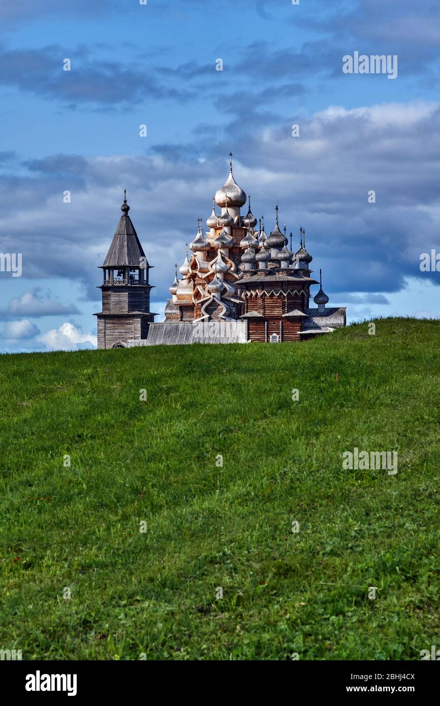 Landscape of central Russia with a vintage church. Sample of wooden ...
