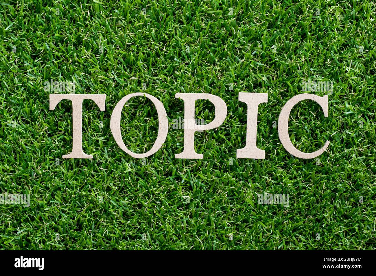 Wood letter in word topic on artificial green grass background Stock ...