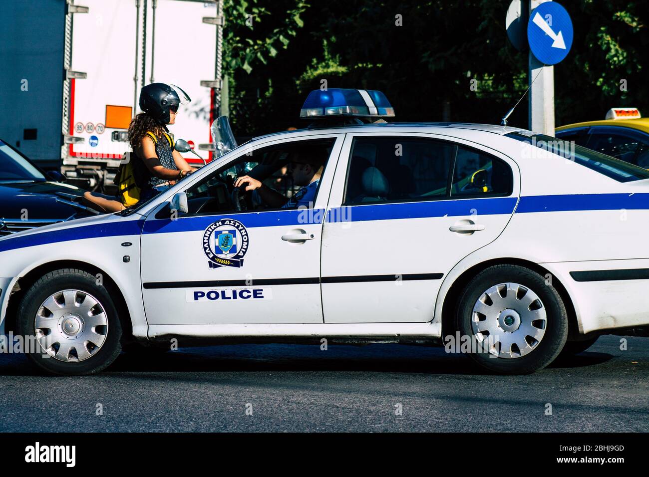 Athens Greece August 27, 2019 View of a Greek police car driving ...