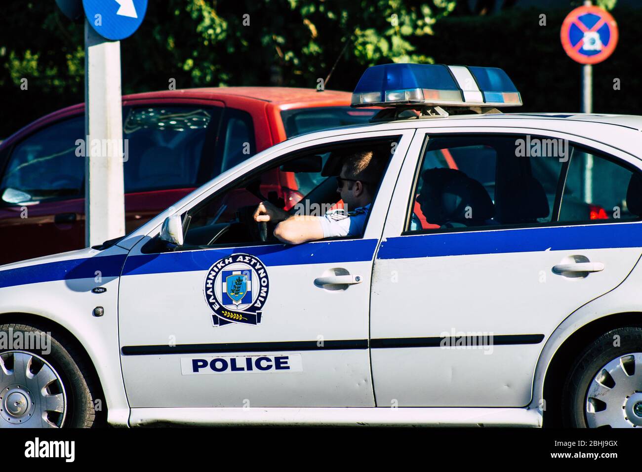 Athens Greece August 27, 2019 View of a Greek police car driving ...