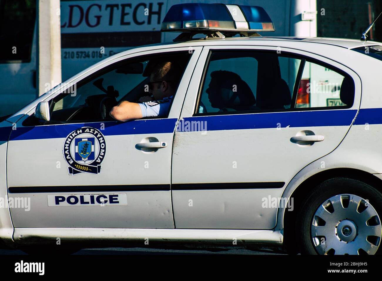 Athens Greece August 27, 2019 View of a Greek police car driving ...