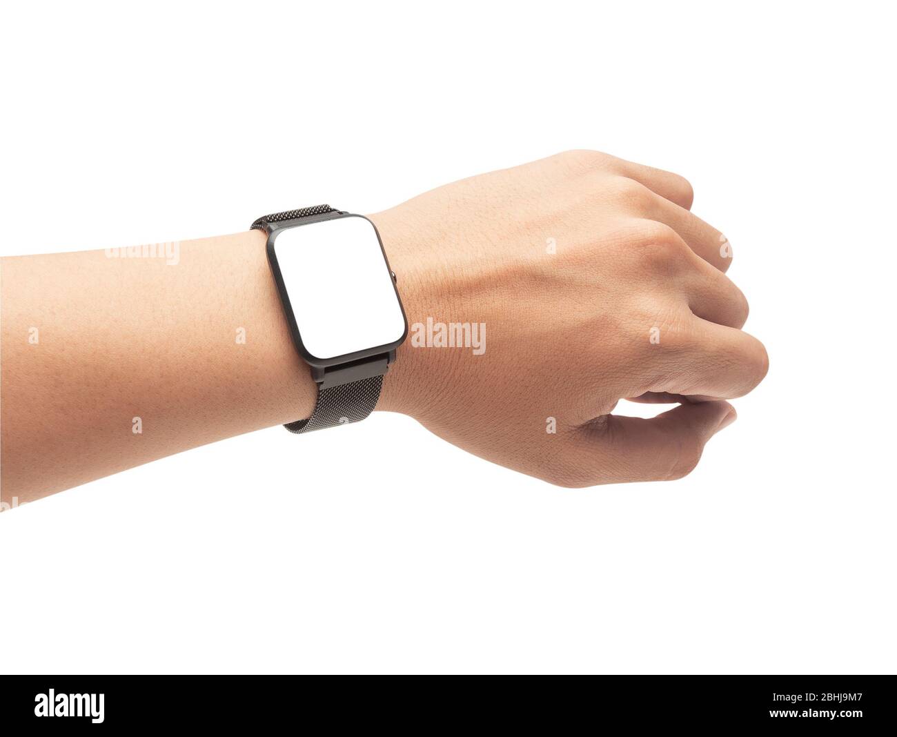 Male hand wearing smart watch with blank screen isolated on white ...