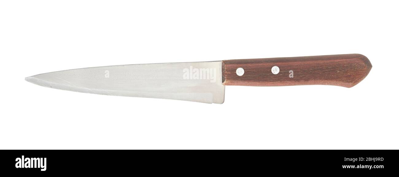 Old kitchen knife with wooden handle isolated on white background ...