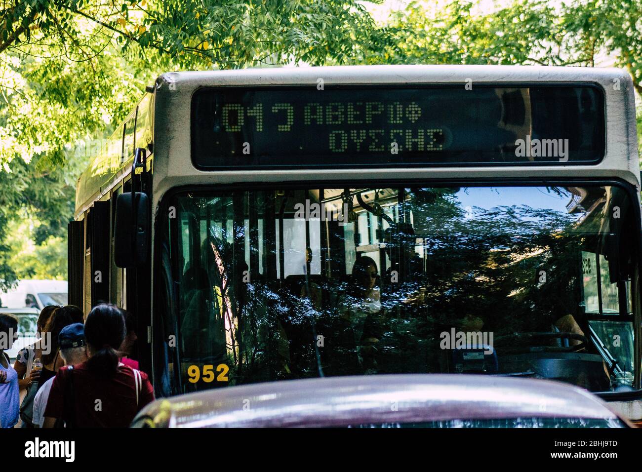 Athens Greece August 27, 2019 View of a Greek public bus rolling ...