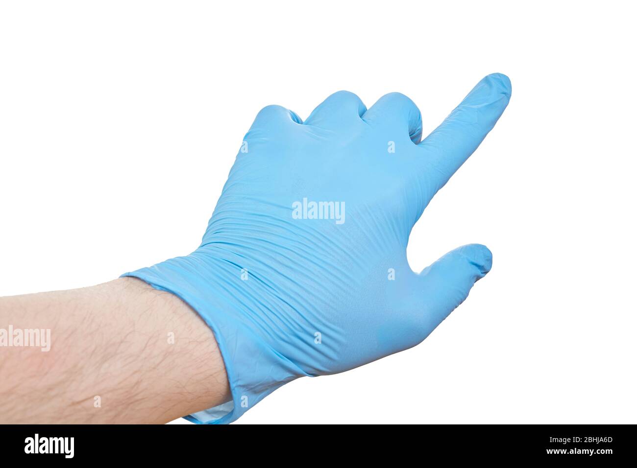 Hand puts in blue rubber gloves pointing or touching. Isolated on white ...