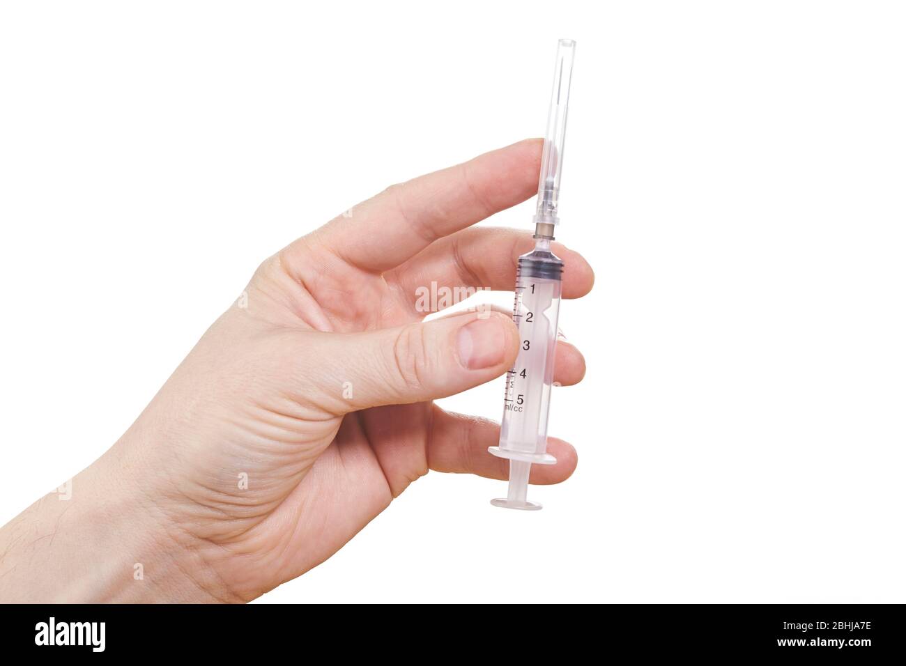 Syringe in hand, isolated on white background. Close up Stock Photo - Alamy