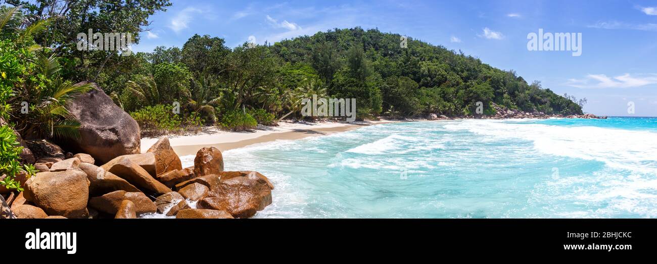Beach Anse Georgette Praslin island Seychelles panoramic view vacation ...