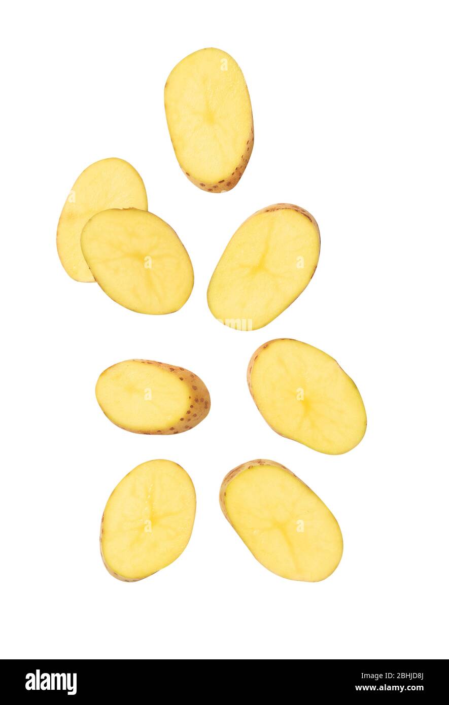 Falling potato slice isolated on white background with clipping path ...