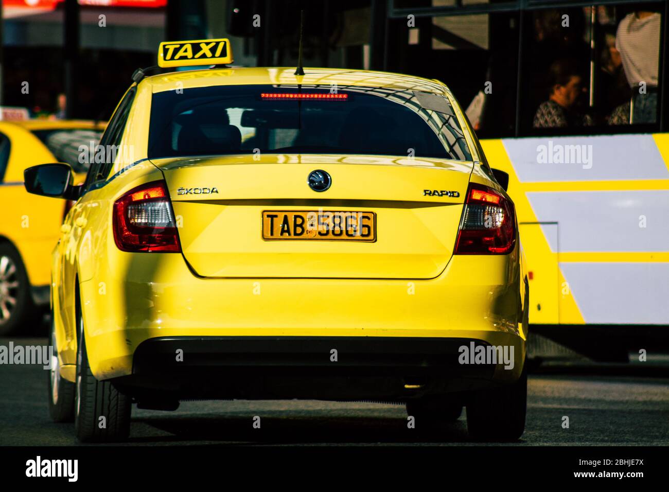 Athens Greece August 28, 2019 View of Greek yellow taxis rolling ...
