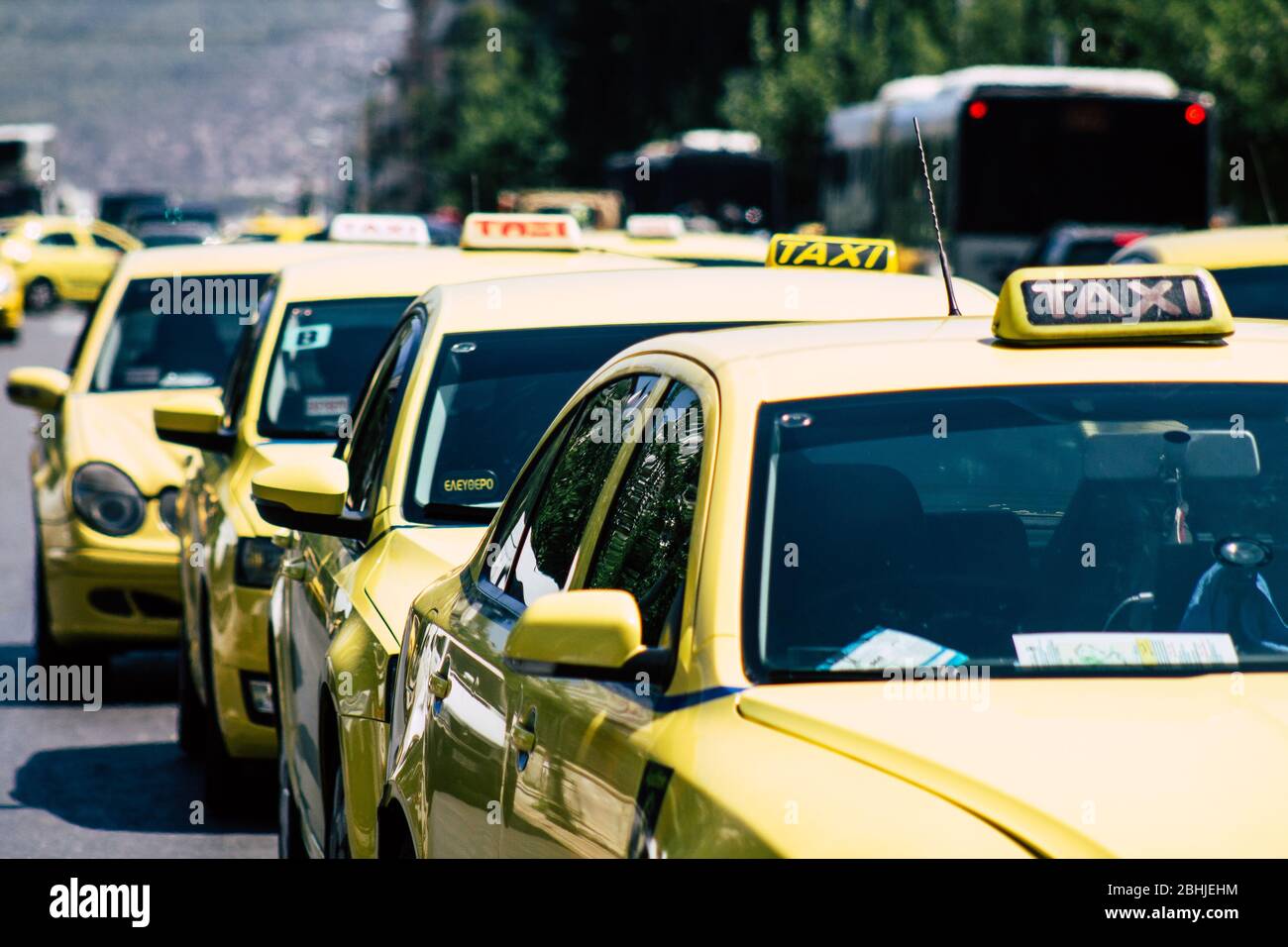 Athens Greece August 28, 2019 View of Greek yellow taxis rolling ...