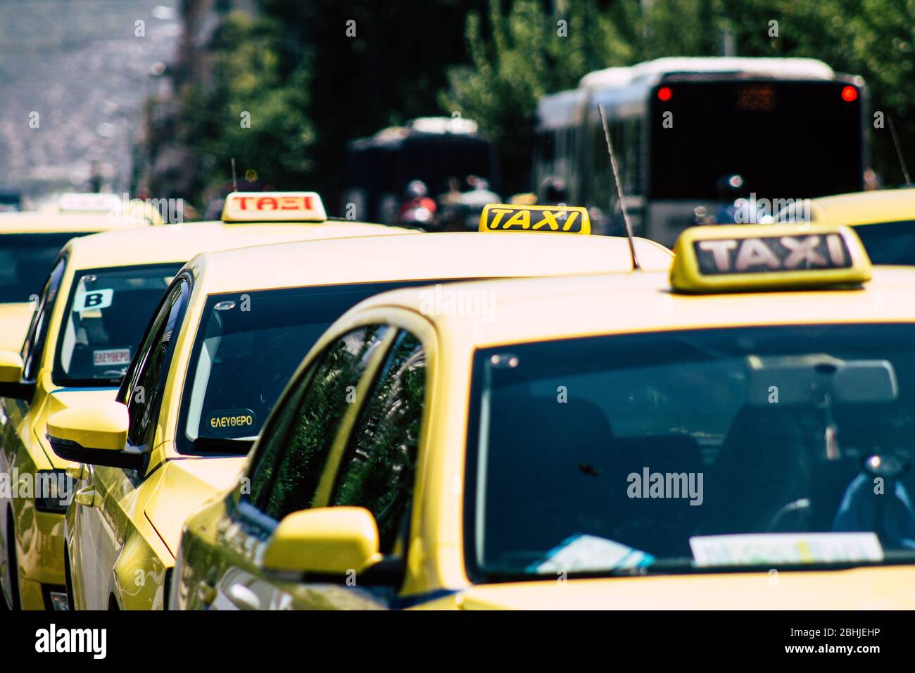 Athens Greece August 28, 2019 View of Greek yellow taxis rolling ...