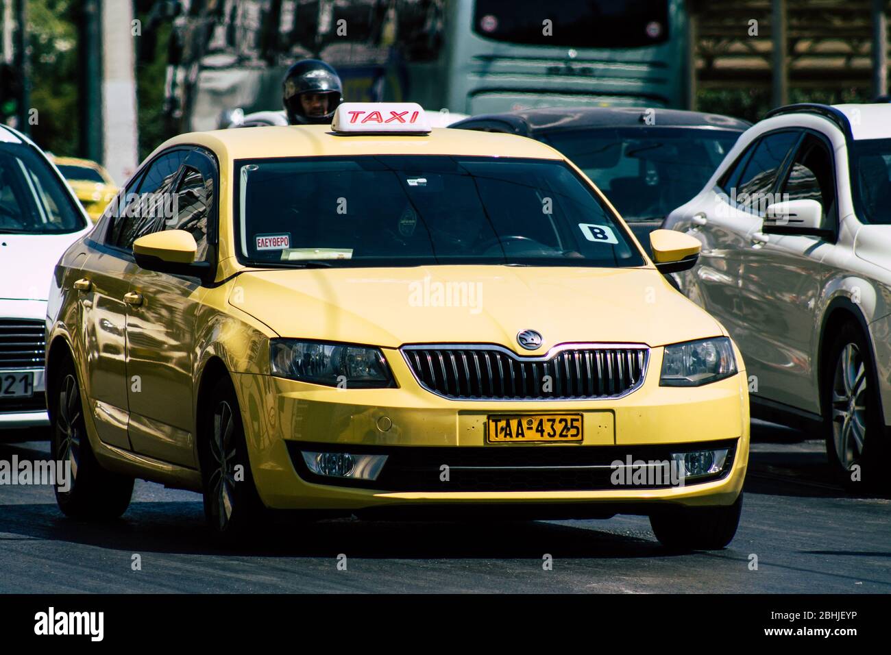 Athens Greece August 28, 2019 View of Greek yellow taxis rolling ...