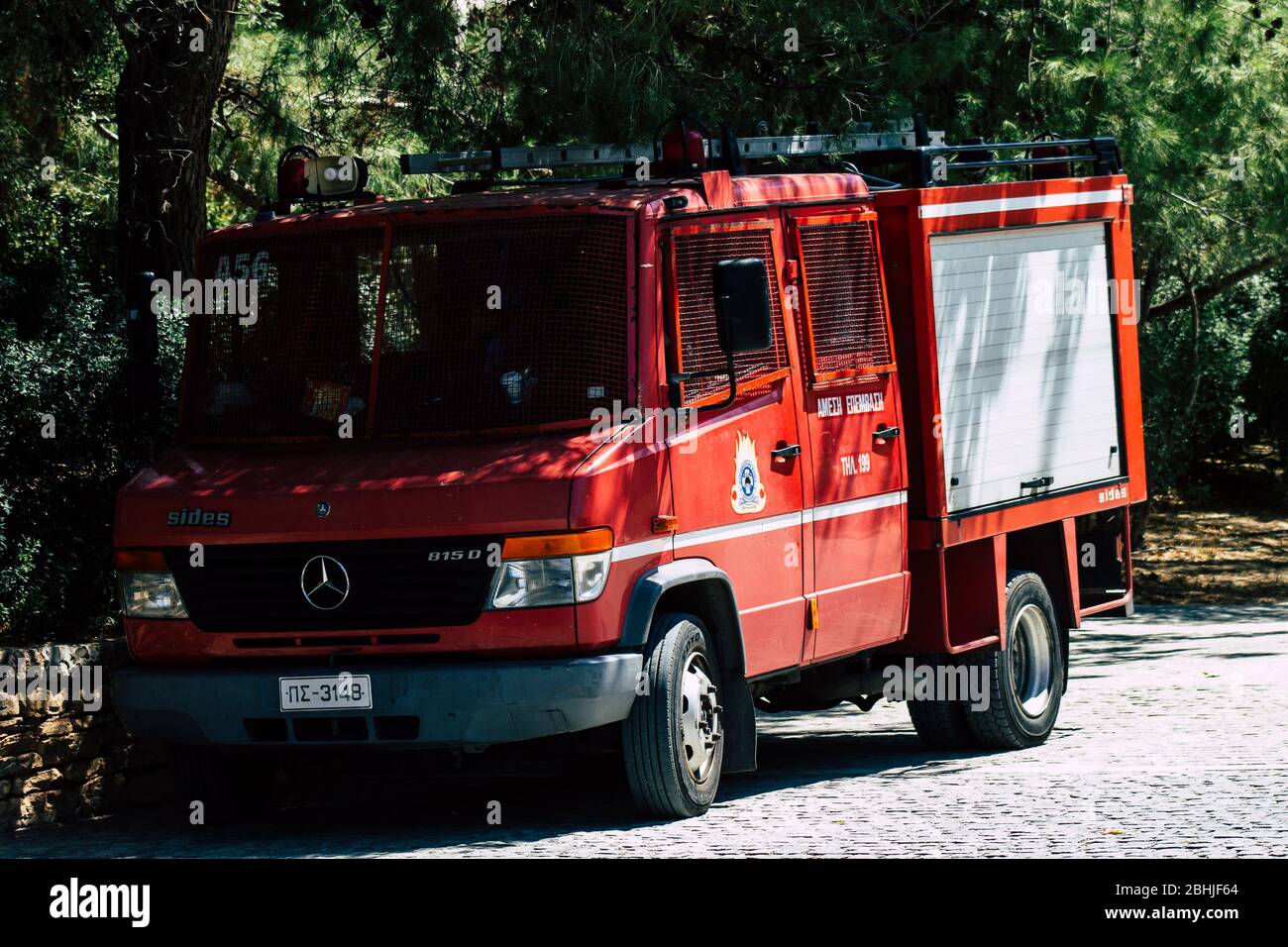 Athens Greece August 28, 2019 View of traditional Greek fire engine ...