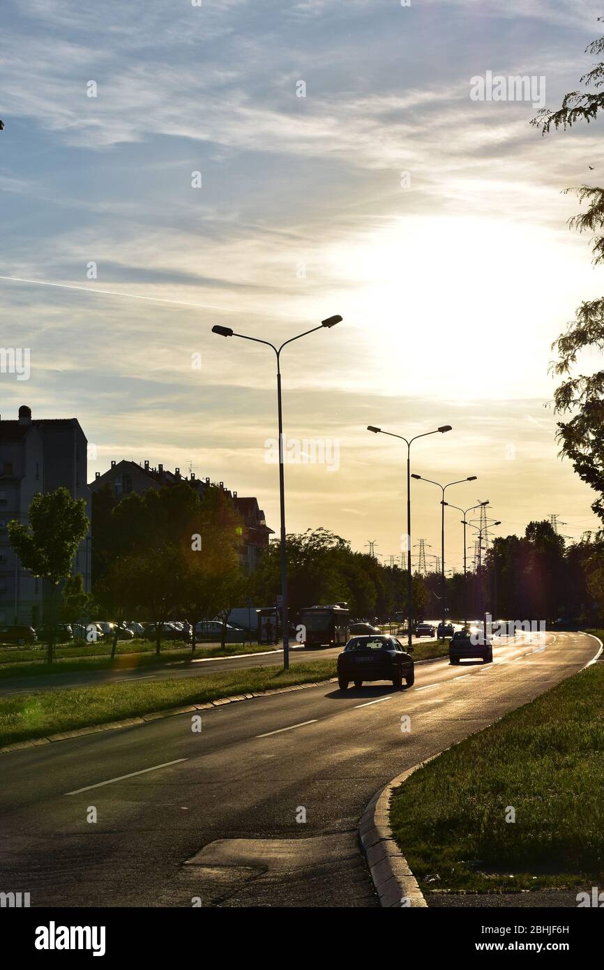 City two-way street with cars and bus illuminated by the warm color of ...