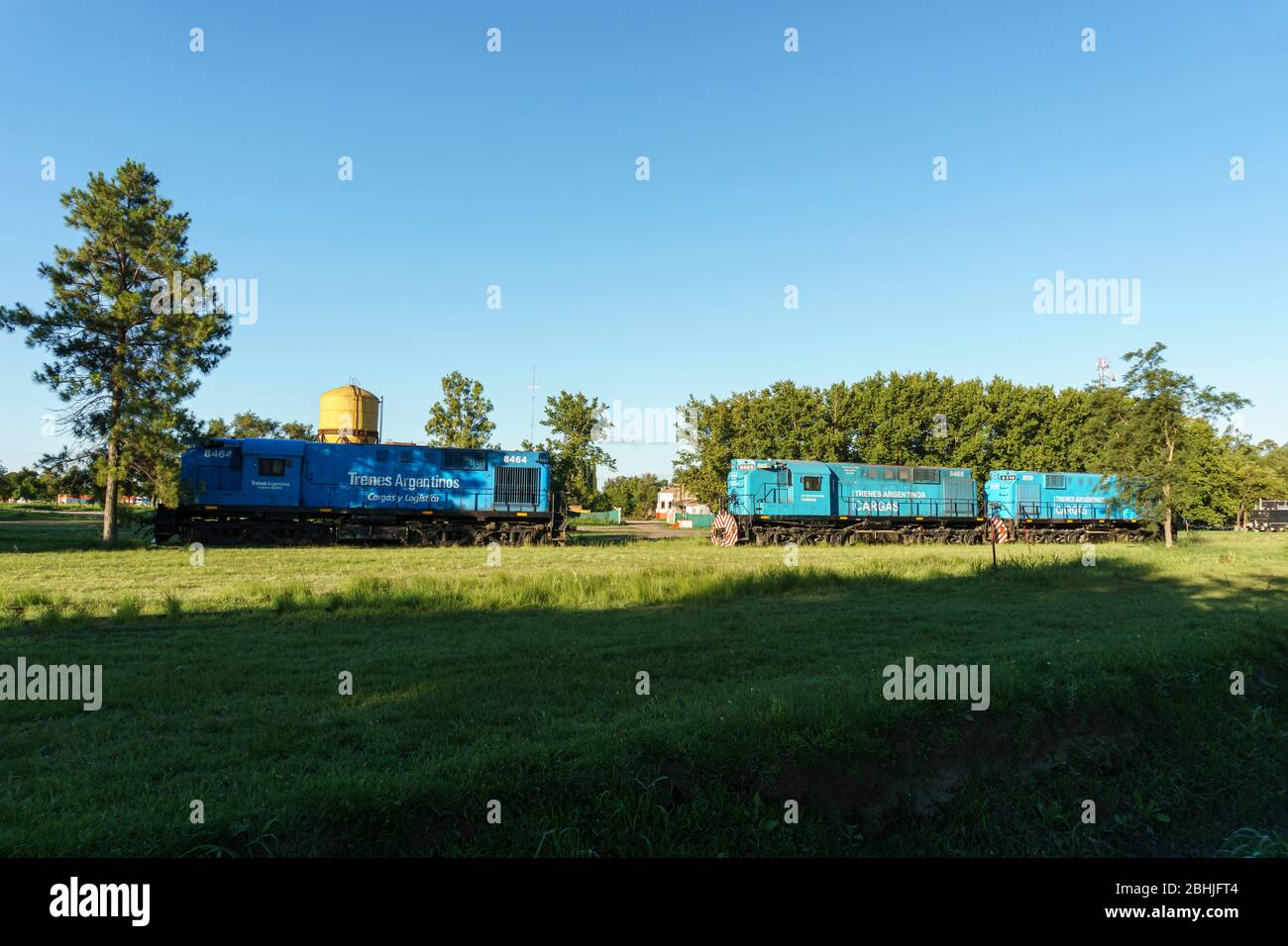 Scene view of freight locomotive trains parked outskirts of the city ...