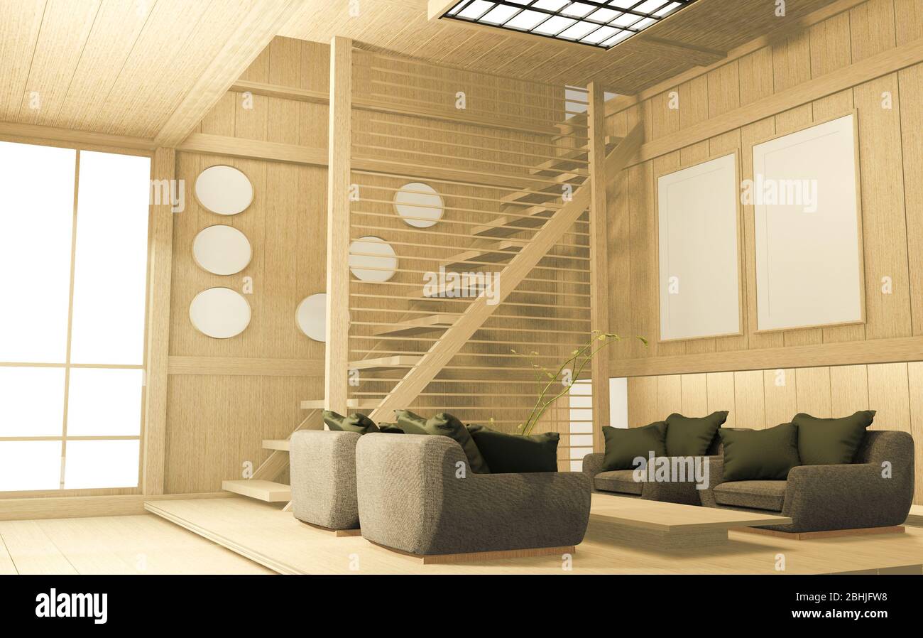 Tropical interior design with sofa for living room japanese style. 3D ...
