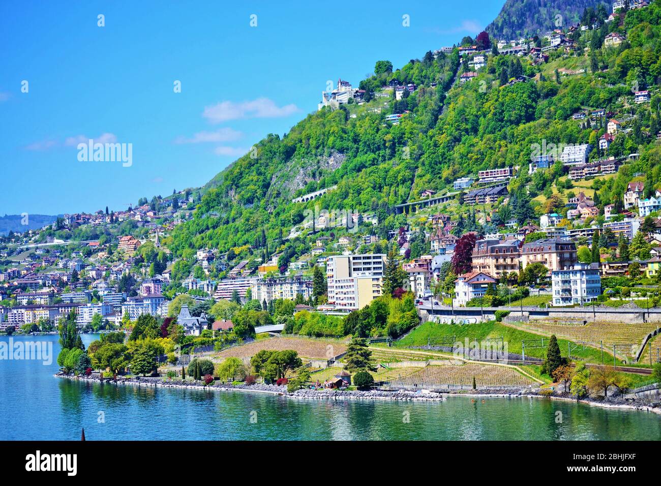 Beautiful view of hillside architecture and spring green scenery of ...