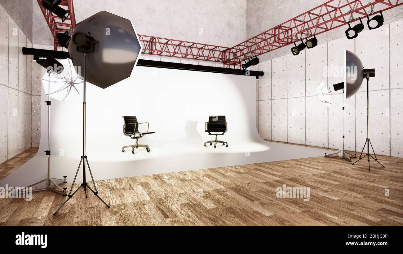 Studio - Modern Film Studio with white Screen. 3D rendering Stock Photo ...