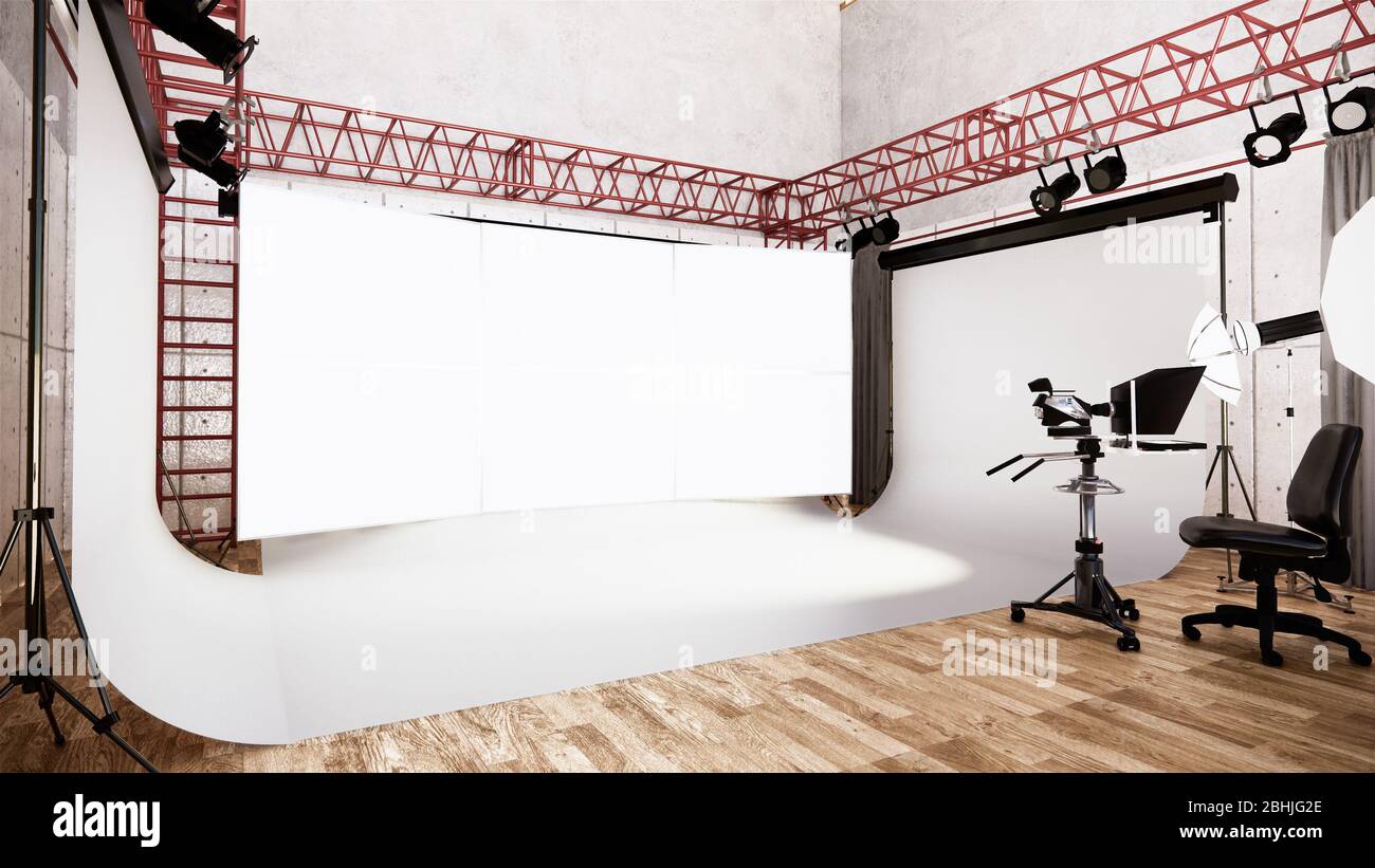Studio - Modern Film Studio with white Screen. 3D rendering Stock Photo ...