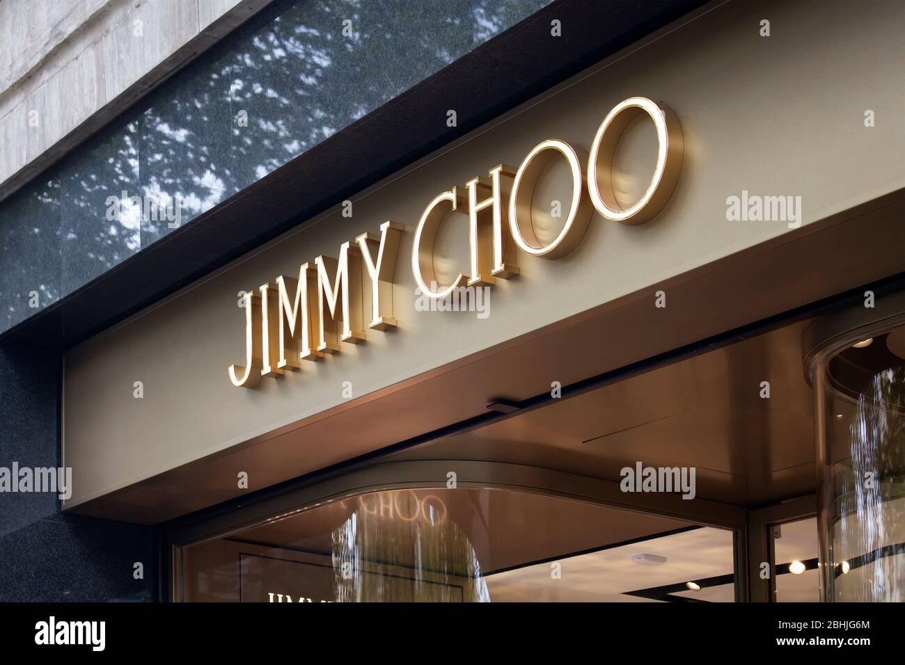 Close up view of store signage of famous, luxury British shoe wear ...