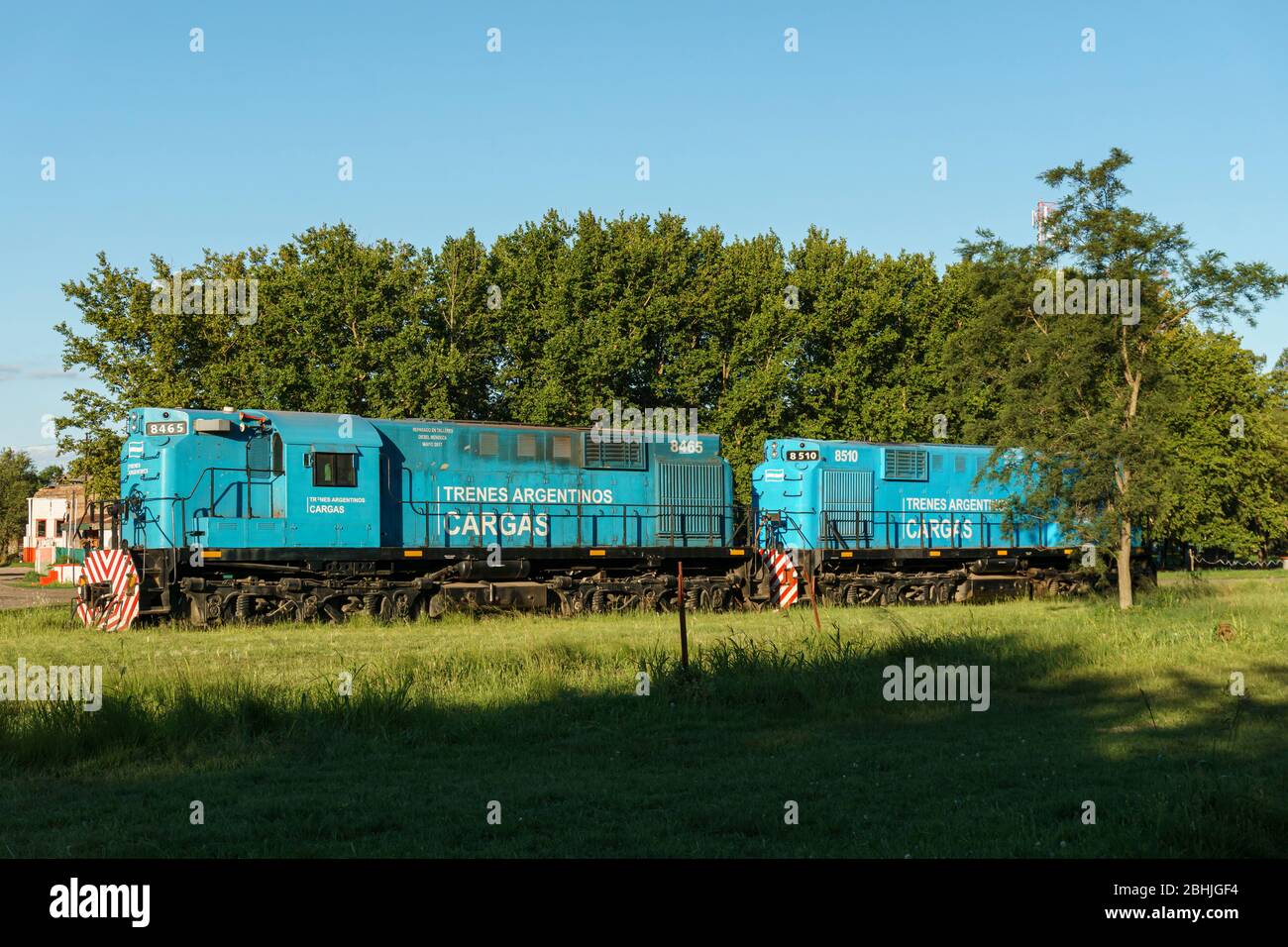 Scene view of freight locomotive trains parked outskirts of the city ...