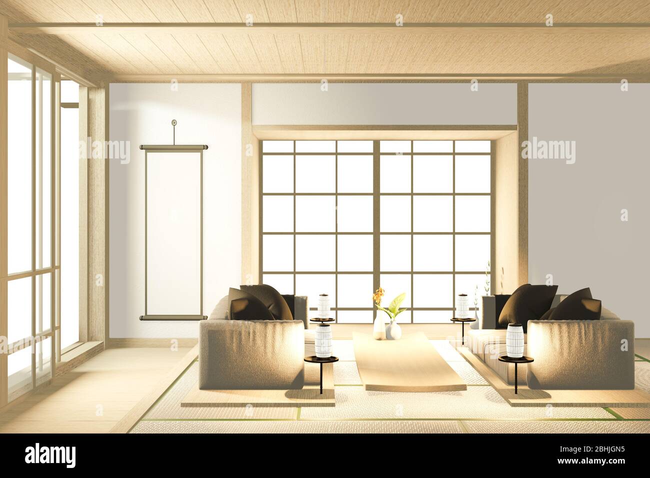 Tropical interior design with sofa for living room japanese style. 3D ...